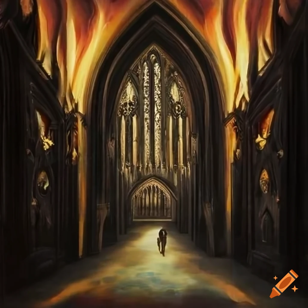 Gothic cathedral style long dark mirror hall with a flaming door on Craiyon