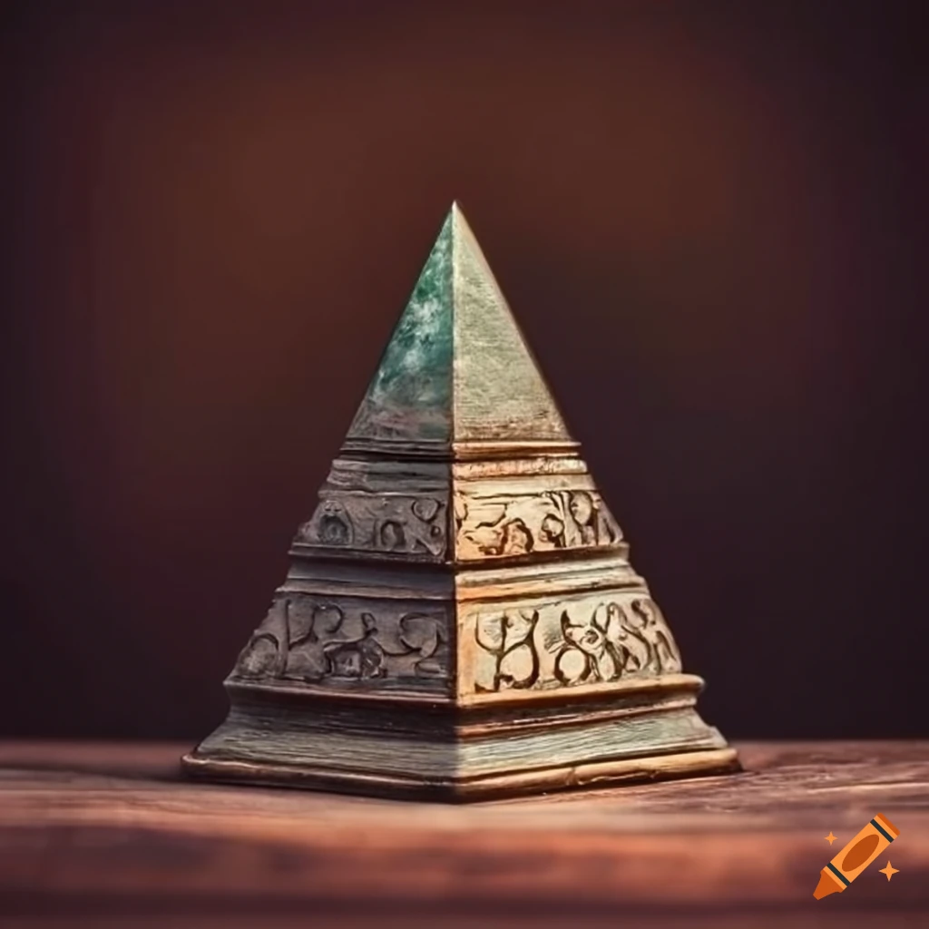 Ornamental bronze pyramid with jade inserts on a dusty wooden desk on ...