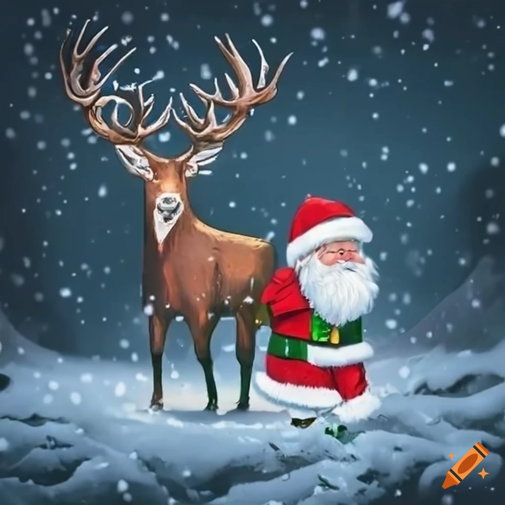 Jagermeister stag with santa in the snow on Craiyon