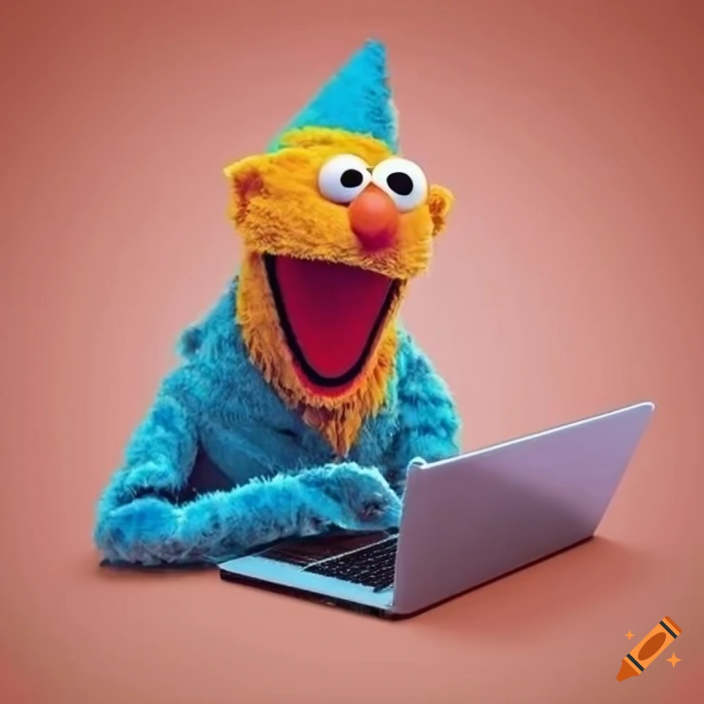 Colorful graphic of a joyful muppet-like plush cone working with laptop ...