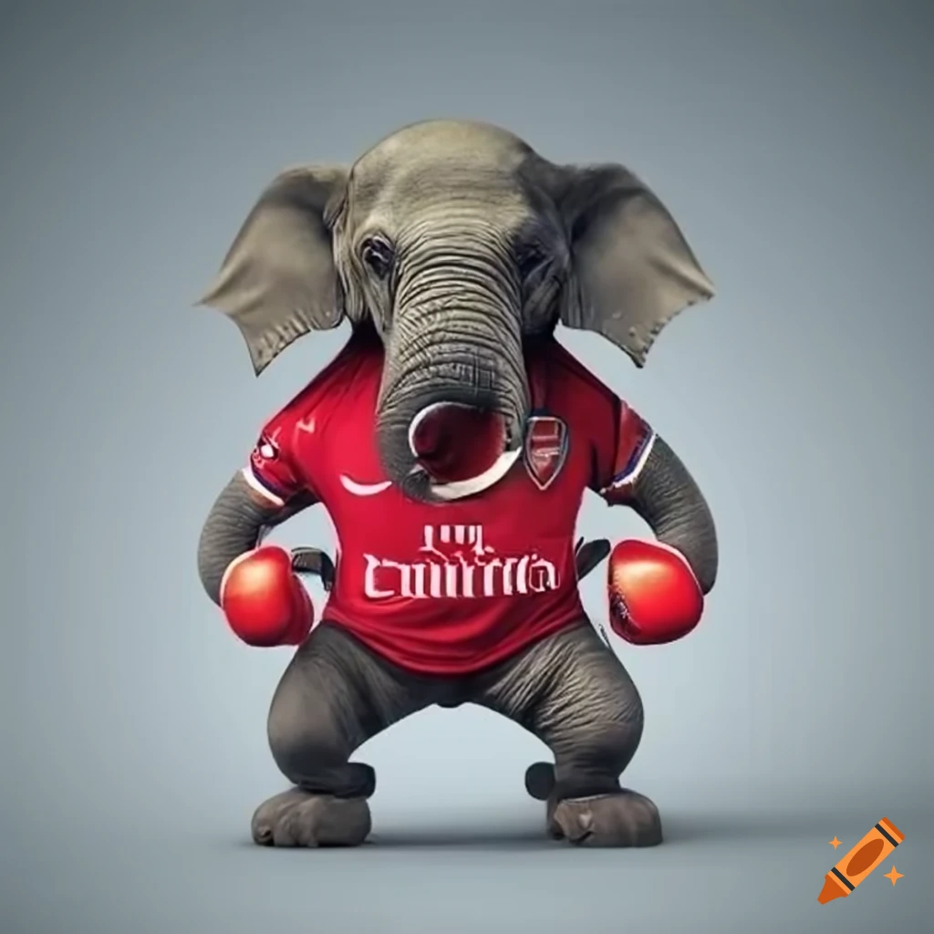 Elephant wearing Arsenal football club jersey and boxing glove on Craiyon