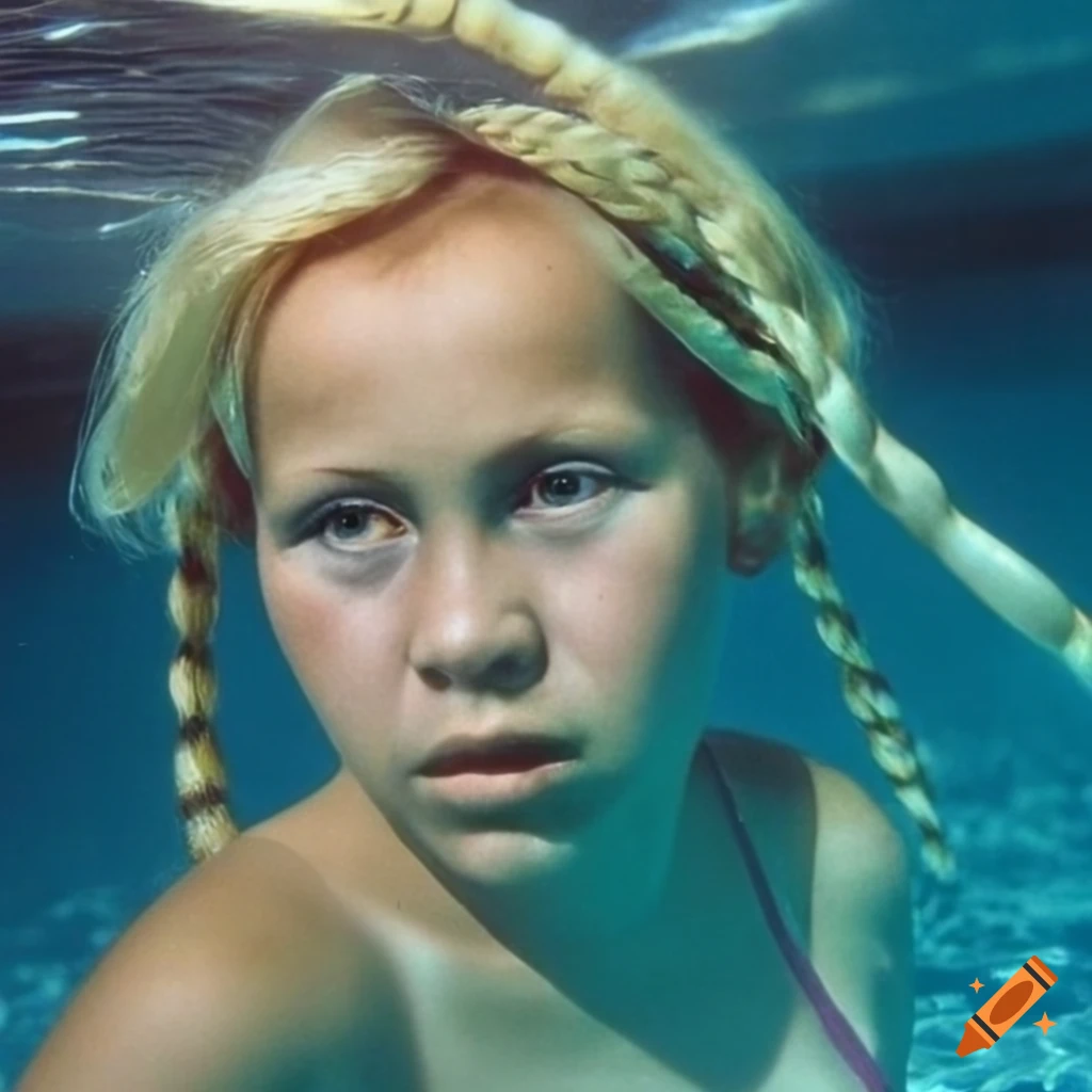 Close-up portrait of young Agnetha Fältskog with braids in a sunny ...