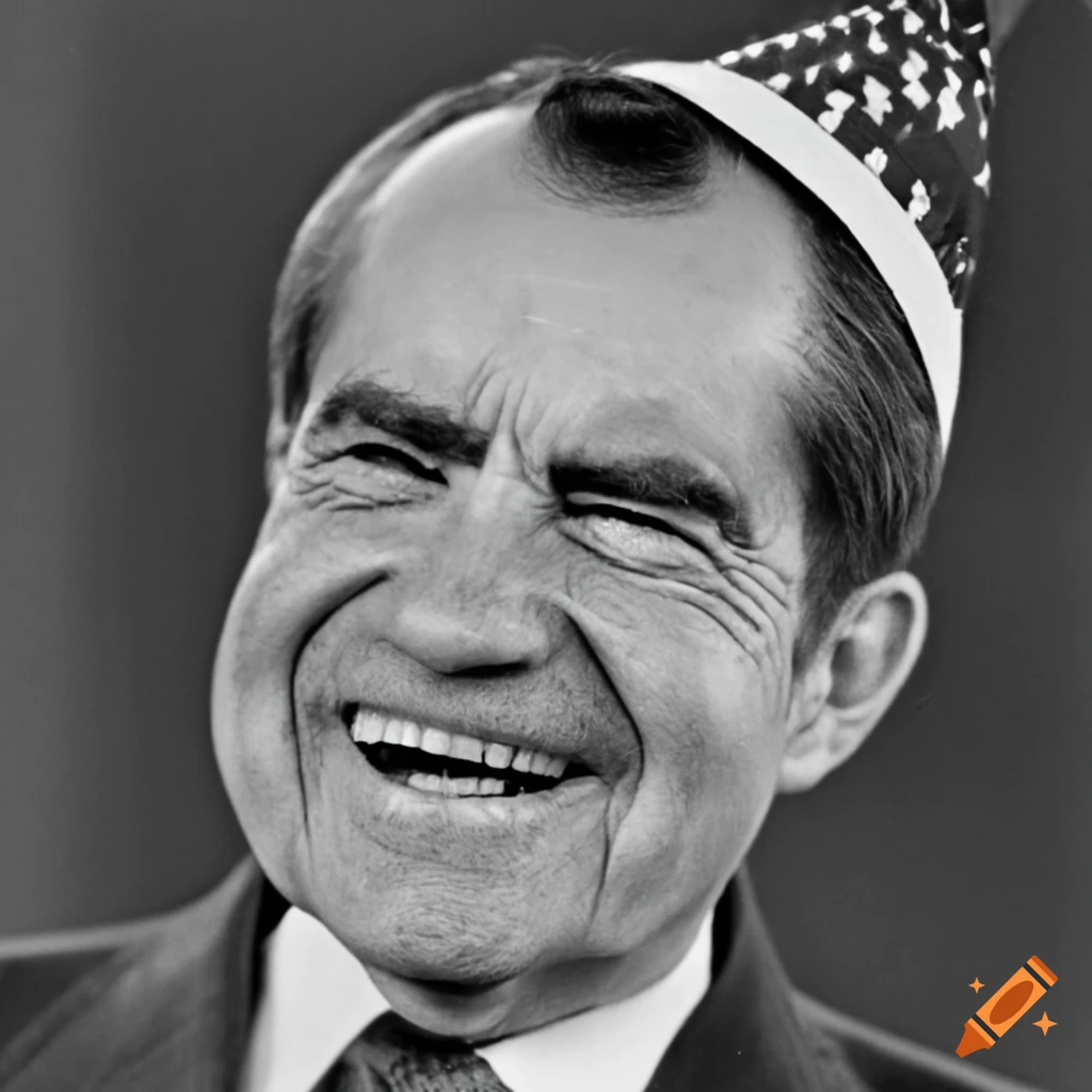 Smiling richard nixon wearing 2024 new year's eve hat on Craiyon