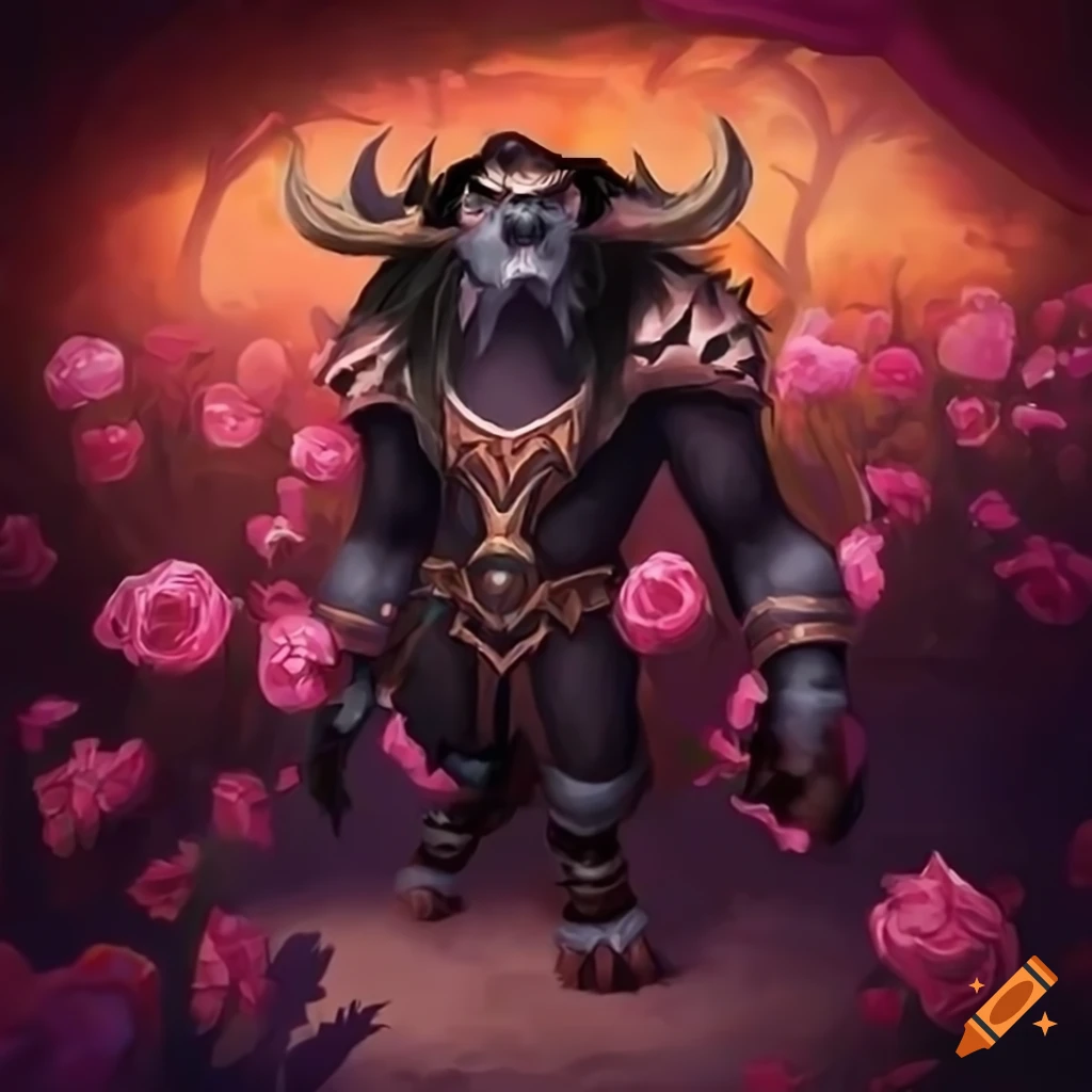 Black tauren druid walking in a field of pink roses in World of ...