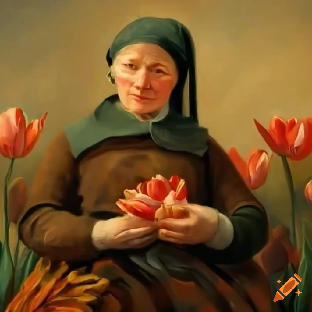 Dutch painting of nostalgic tulip market with attractive vendor ...