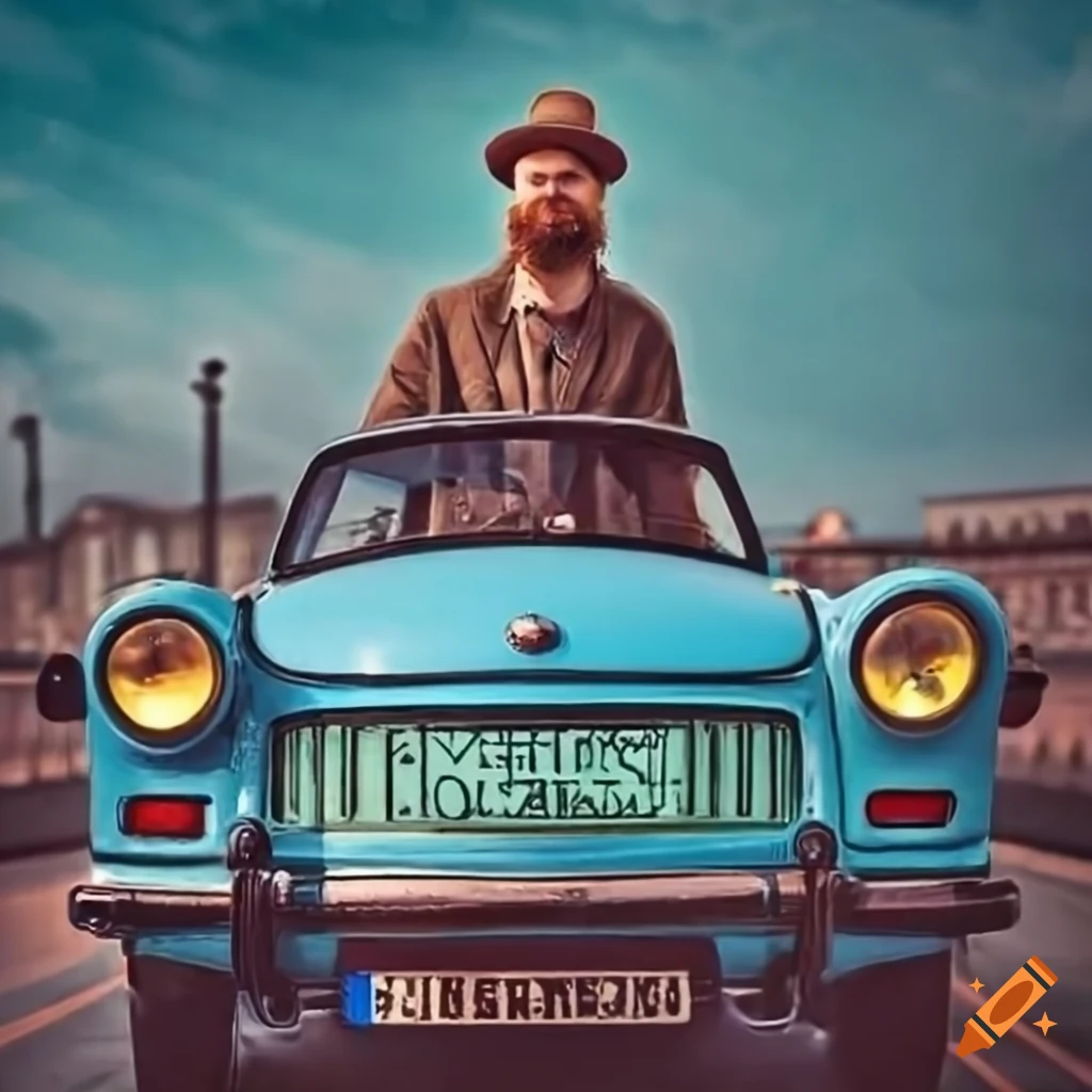 Stylish image of a bearded German man with Berlin Wall and Trabant in ...