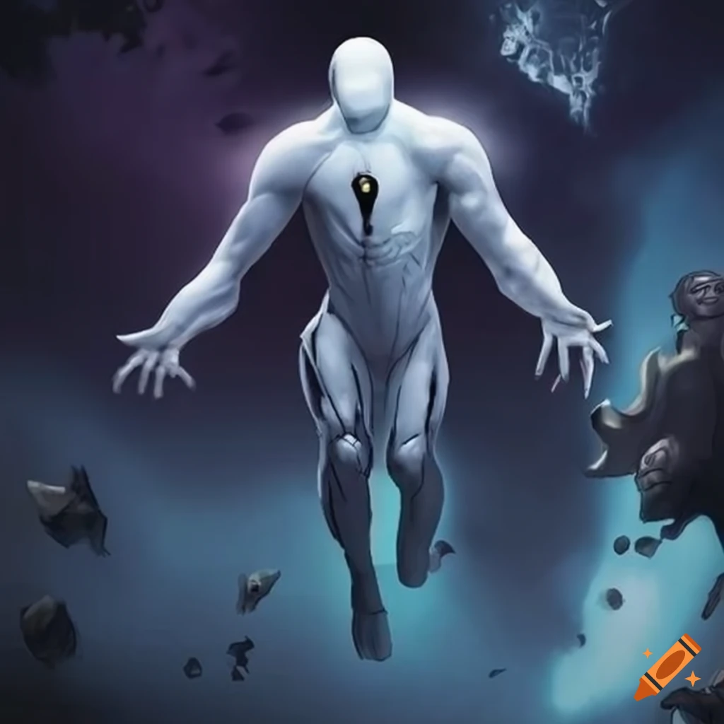 White and faceless adaptoid floating above people in a realistic scene ...