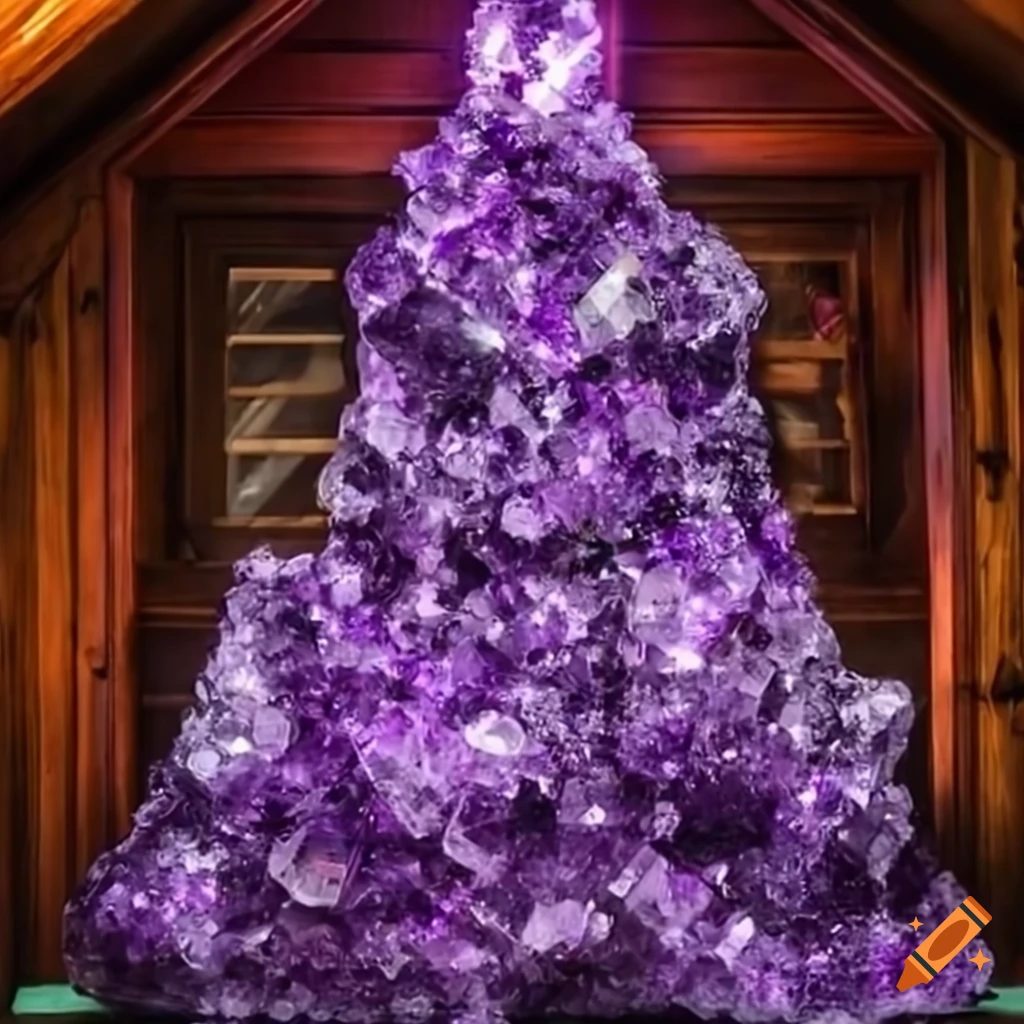 Christmas tree made from amethyst crystal ore in a cottage on Craiyon