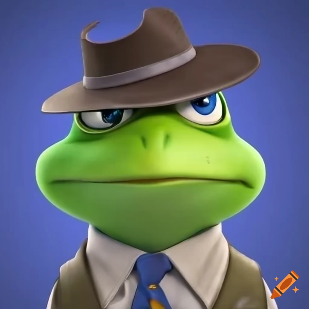 Anthropomorphic detective frog wearing a vest in a vibrant nighttime ...
