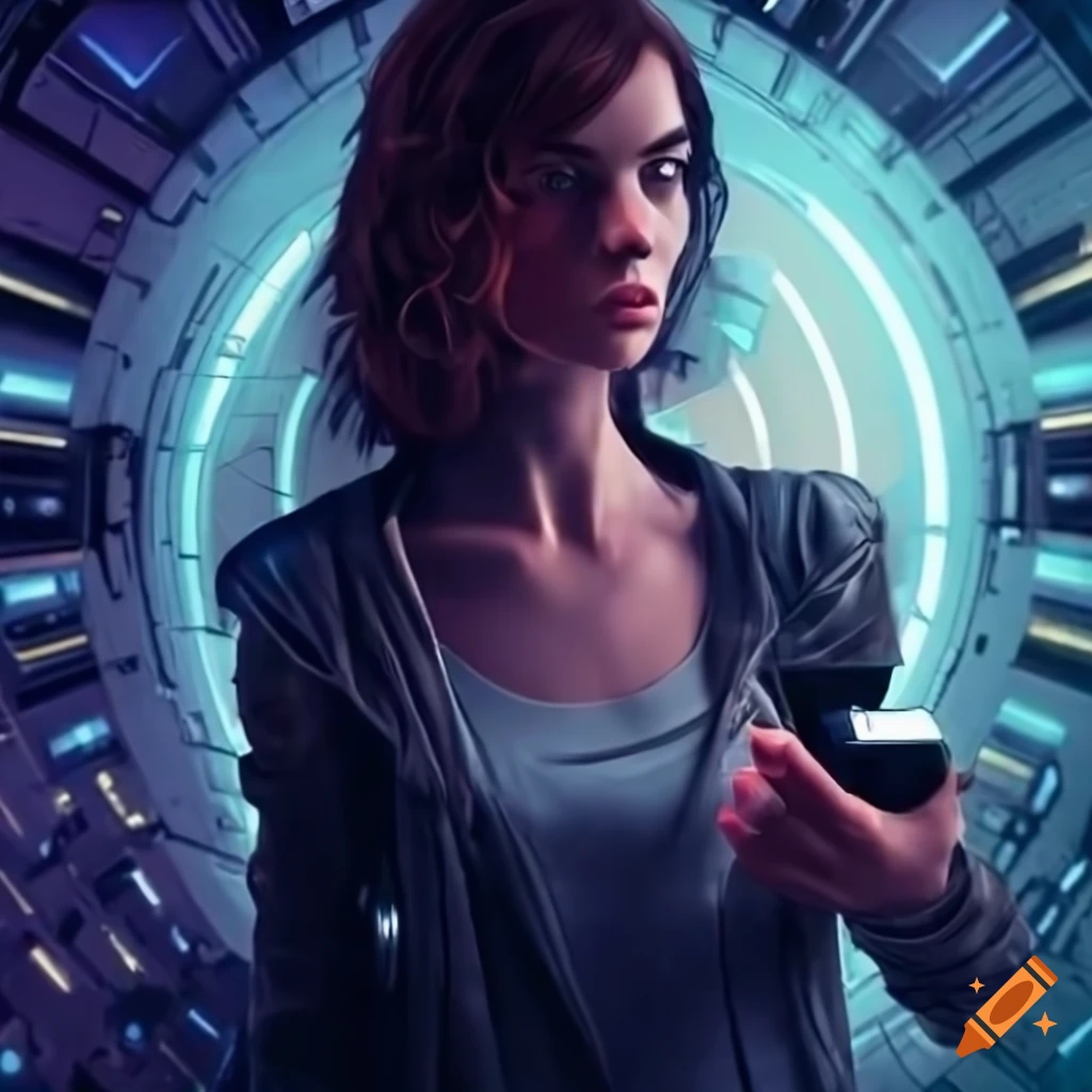 Female time traveler holding a device with a futuristic timeboat in the ...
