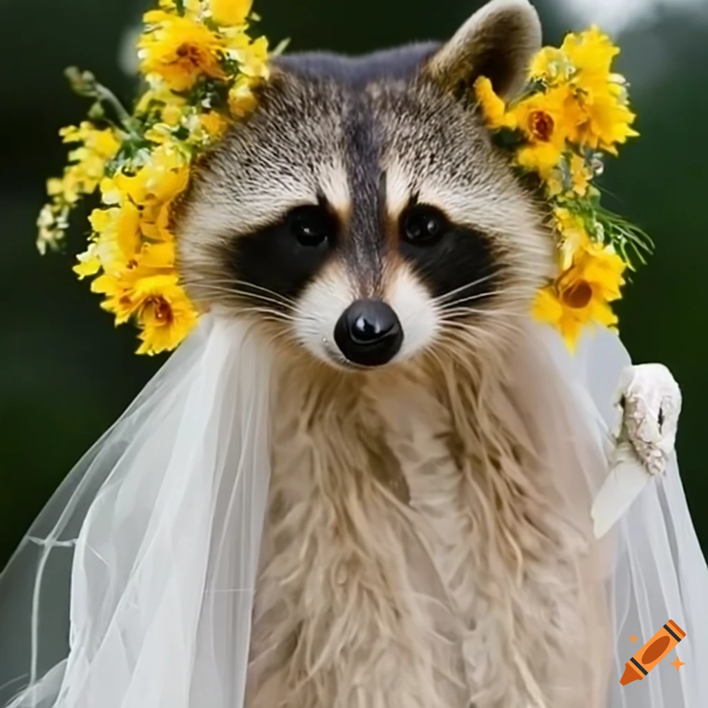 Raccoon in a wedding dress with a crown of yellow flowers on Craiyon