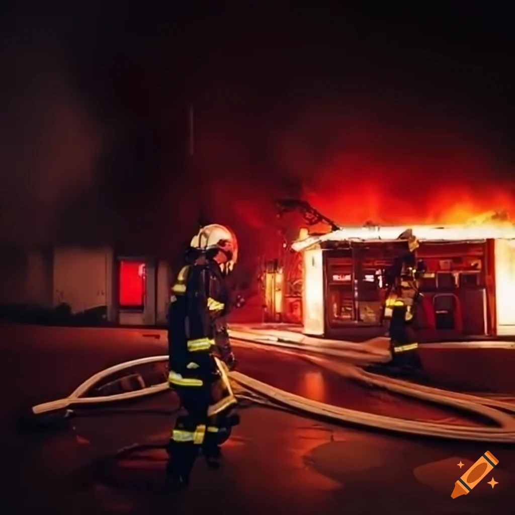 Fire brigade ladder truck extinguishing a fire at night. realistic on ...