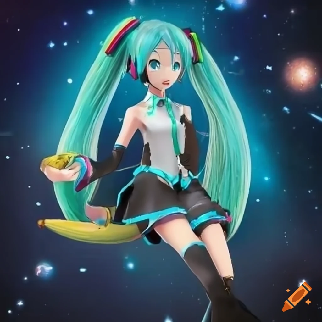 Hatsune Miku riding a rainbow-throwing banana in outer space with ...