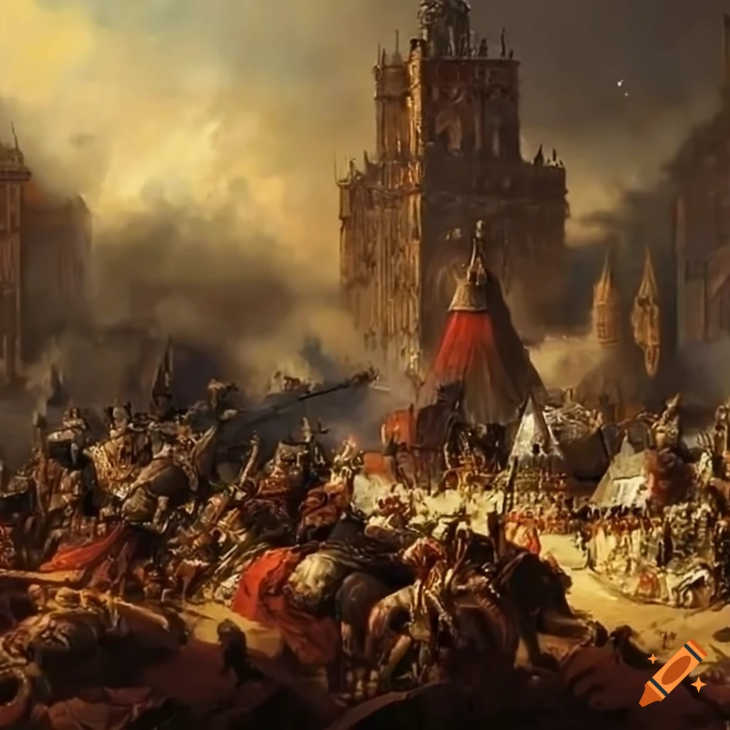 Dramatic painting depicting the siege and capture of empires and ...