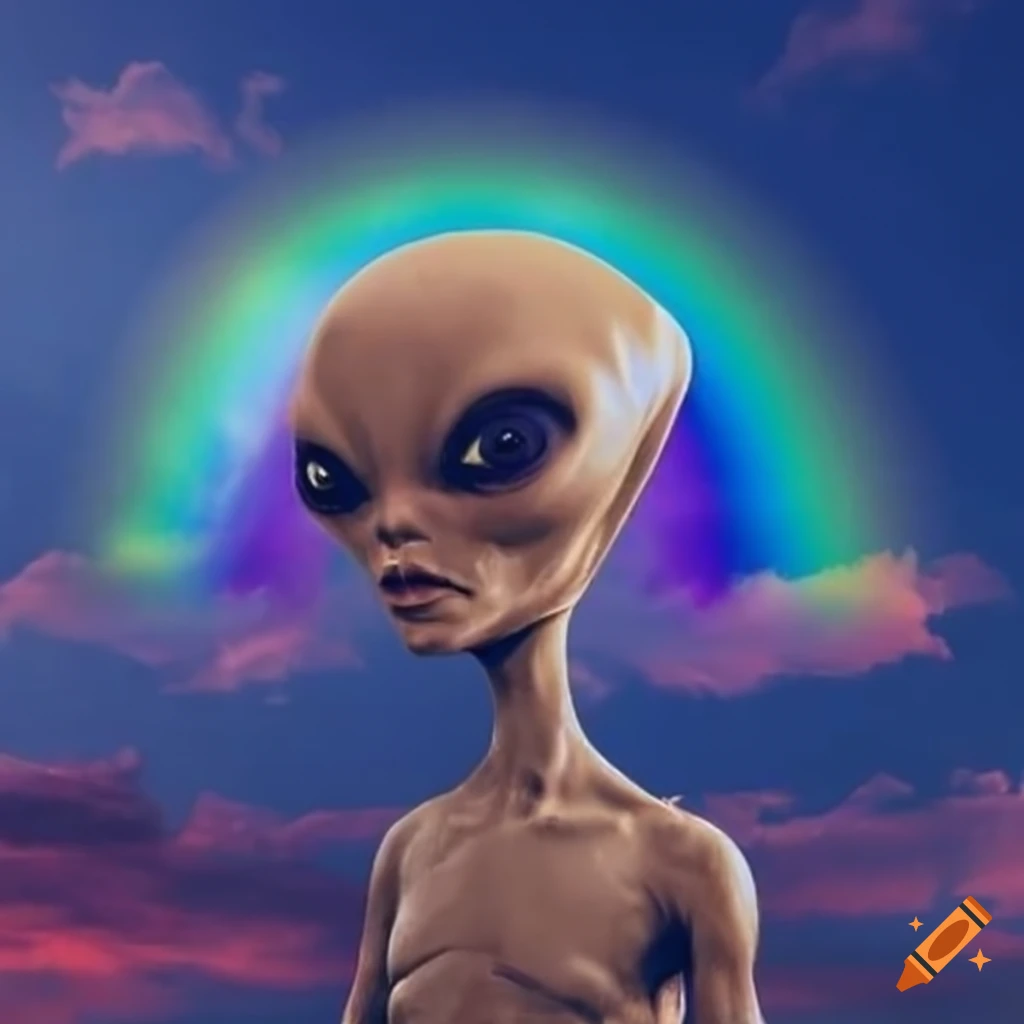 Colorful image of an alien on a rainbow in the sky on Craiyon
