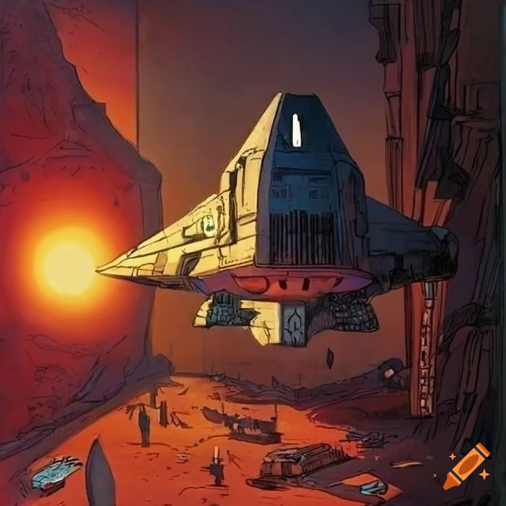 Sci-fi artwork featuring a spaceship in the style of moebius on Craiyon