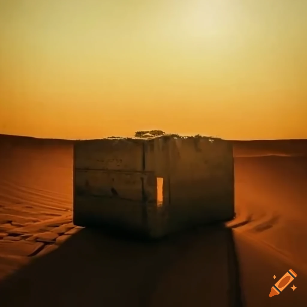 Surreal box in the middle of a desert road on Craiyon