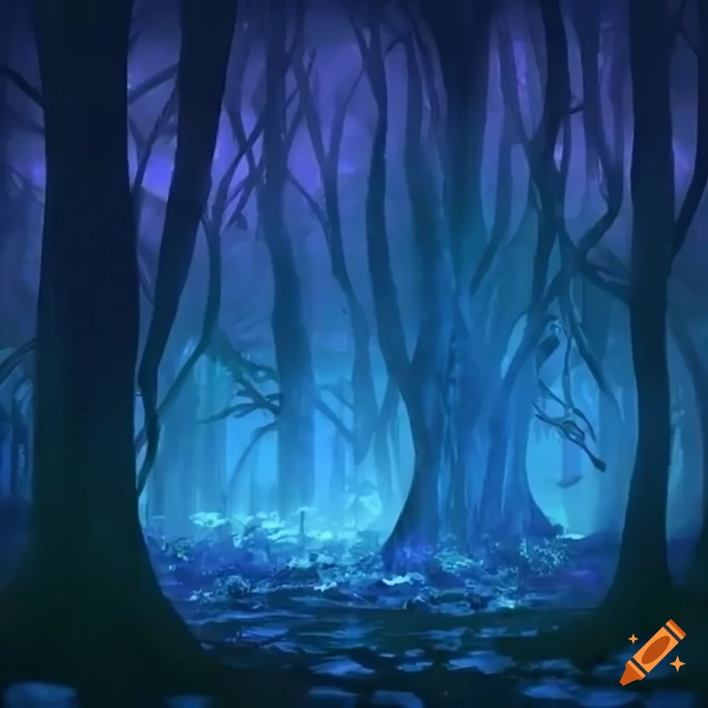 Dense magical forest with blue leaves and glowing plants inspired by ...