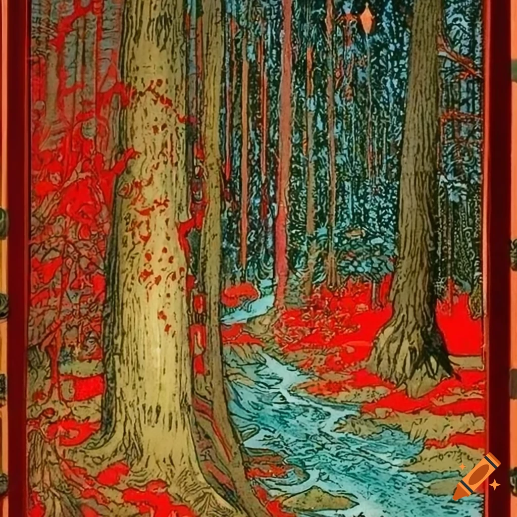 Christmas cloisonné forest scene with native salish and russian fairytale motifs on Craiyon
