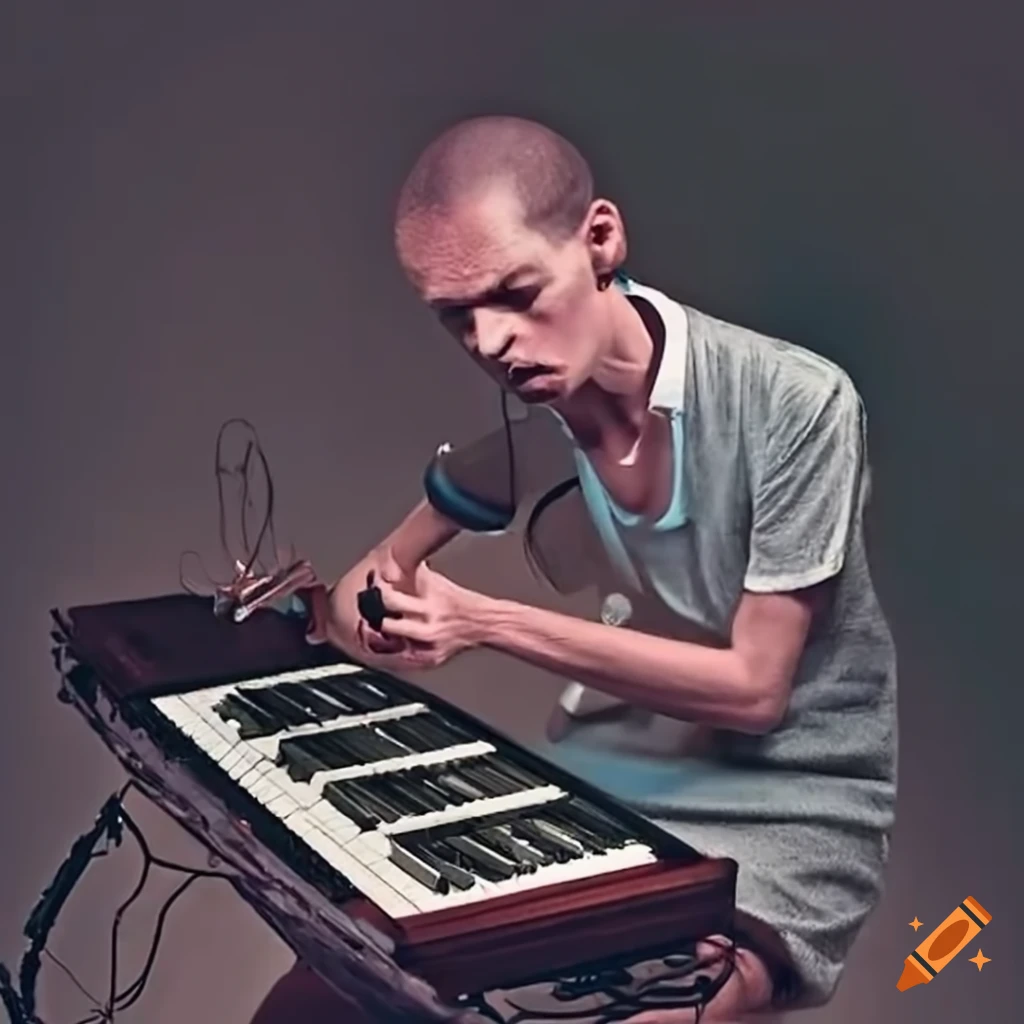 Avantgarde musician playing a synthesizer on Craiyon
