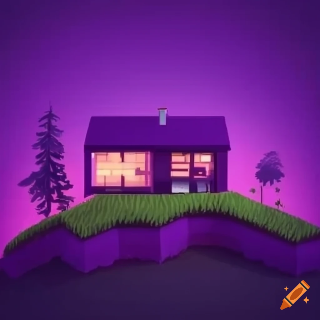 Cozy purple house in a 8-bit digital landscape surrounded by trees on ...