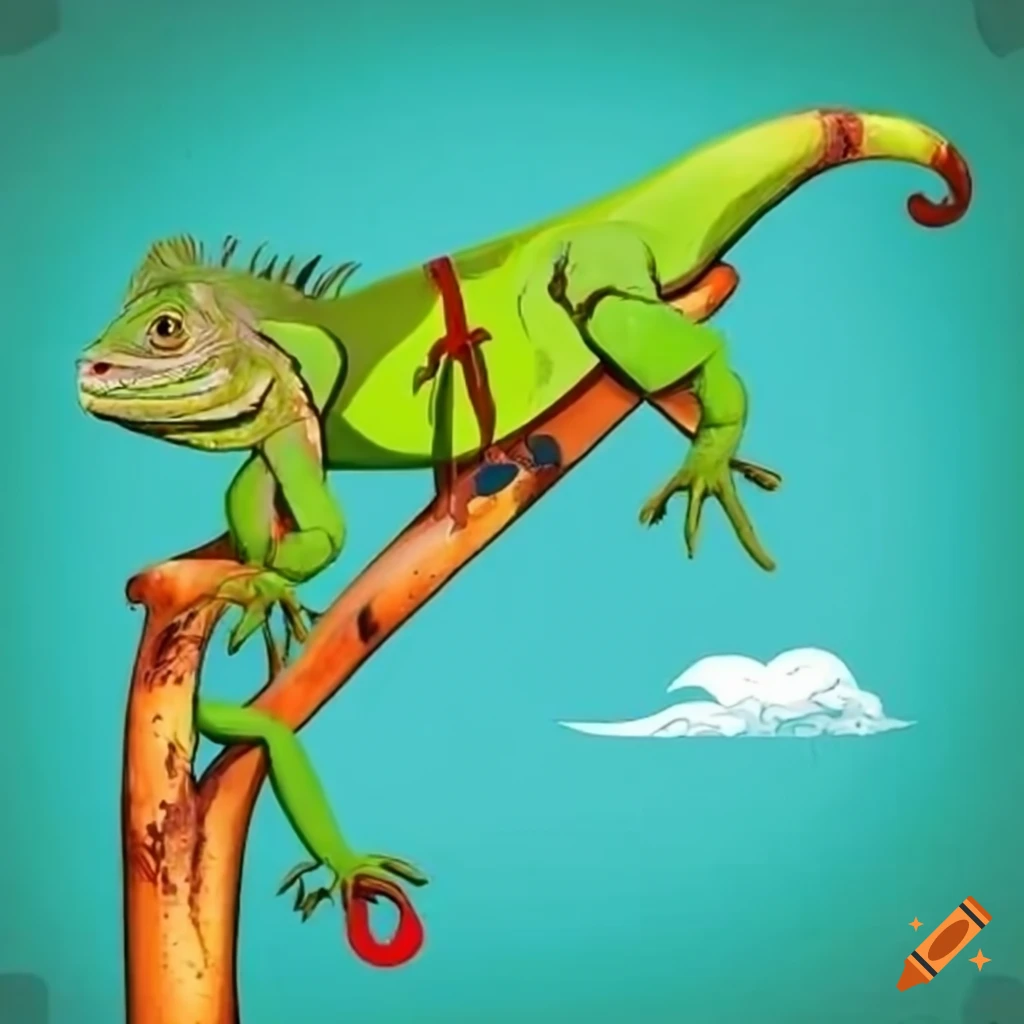 Colorful iguana in Dr. Seuss style climbing a banana tree with smaller ...