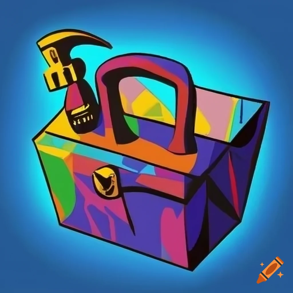 Colorful toolbox with square and hammer in the style of picasso on Craiyon