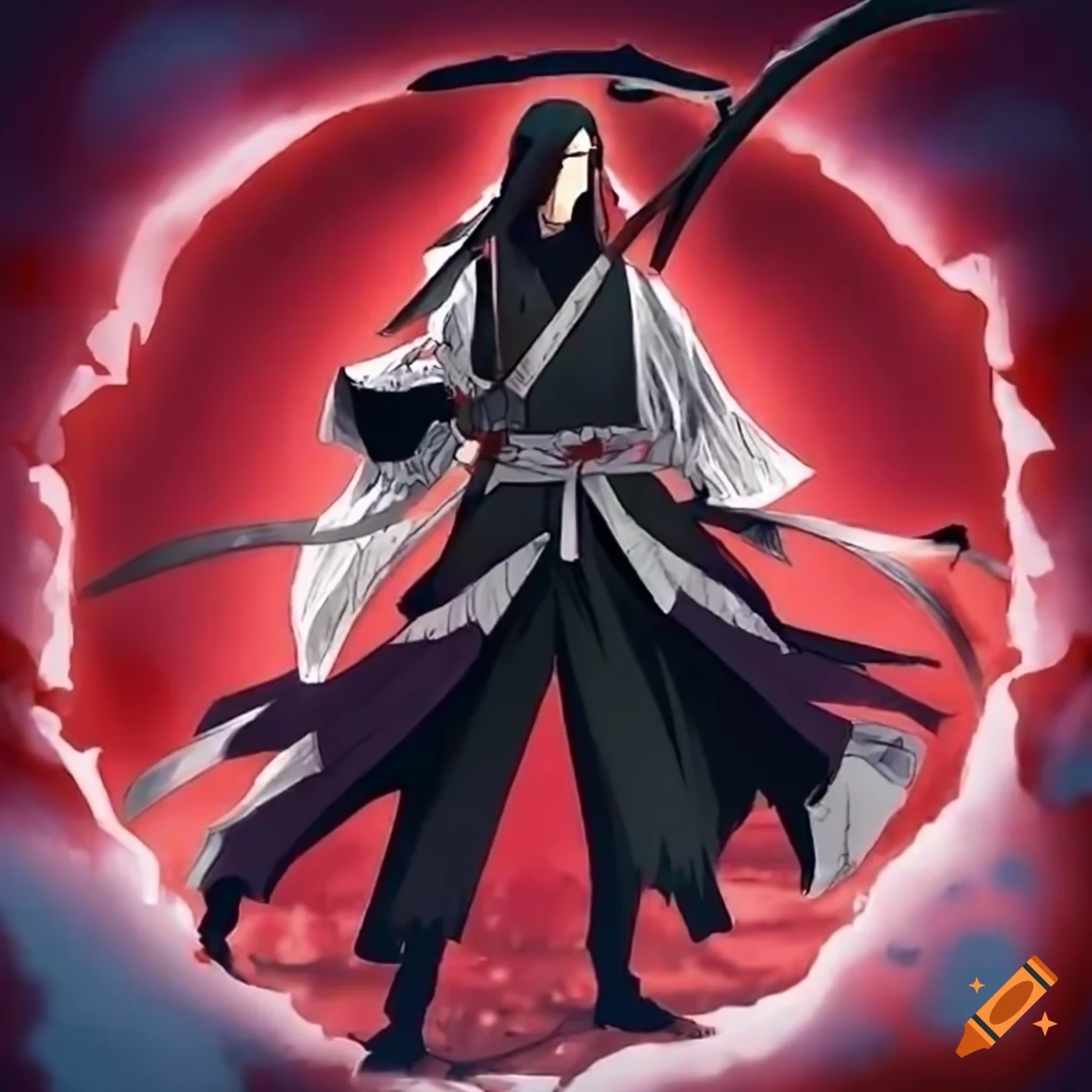 Anbu fusion Byakuya Kuchiki in medieval armor knight attire with red scythe on Craiyon