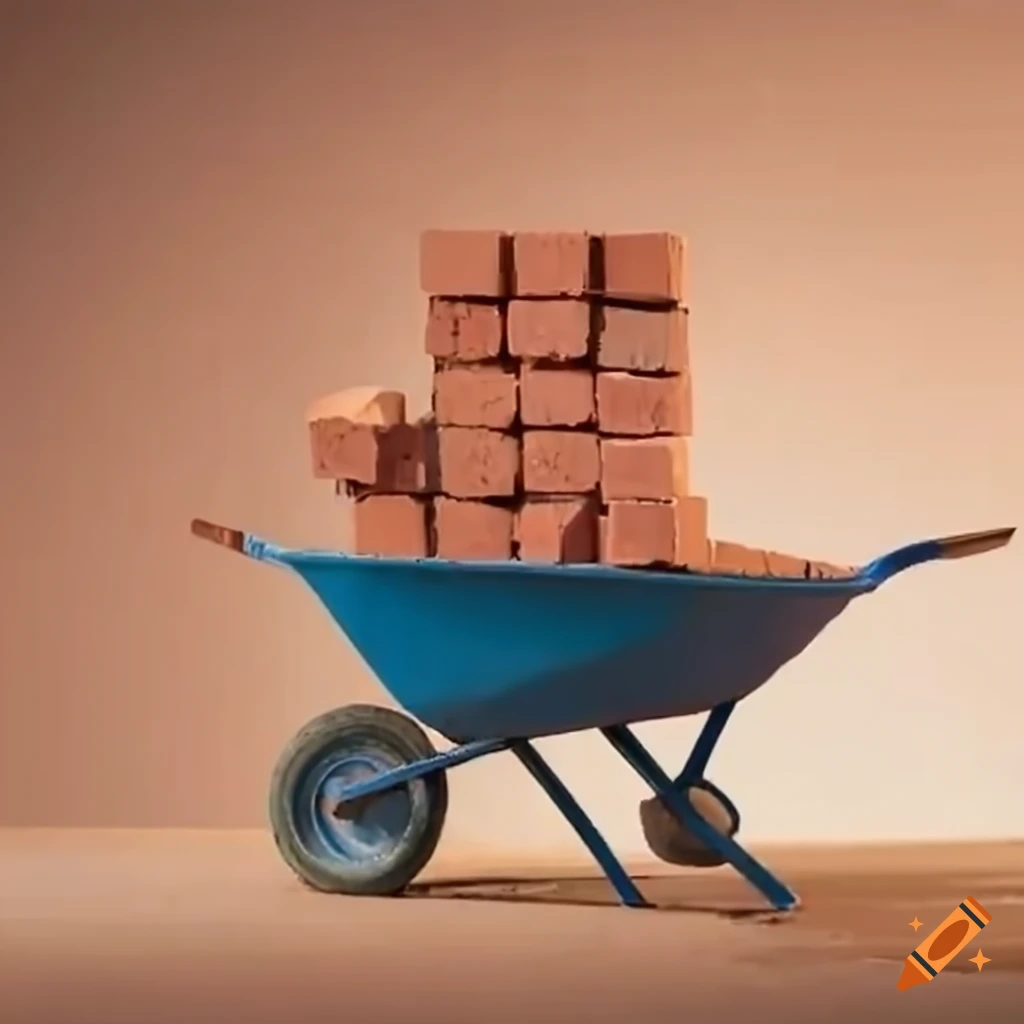Construction worker moving bricks with a wheelbarrow on his head on Craiyon