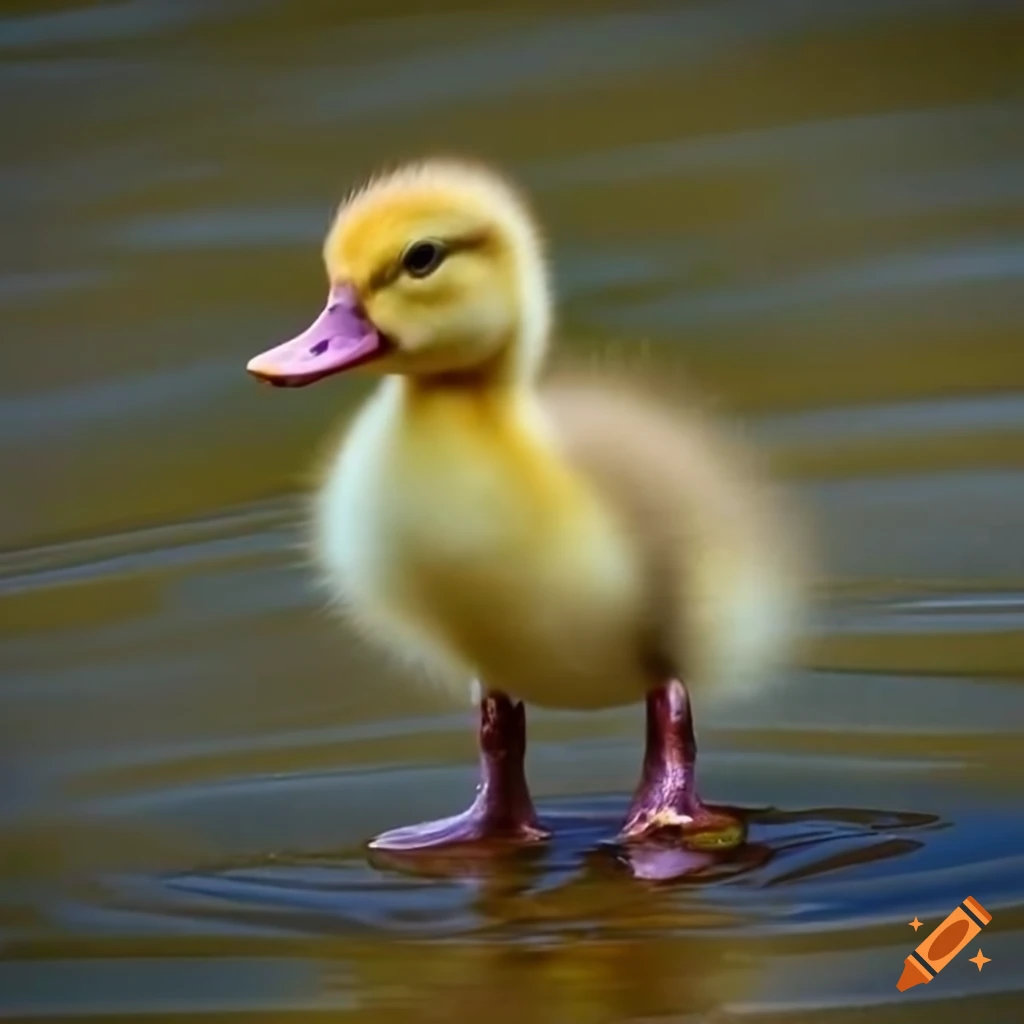 Daisy the duckling standing at the edge of the pond, cautious glance at ...