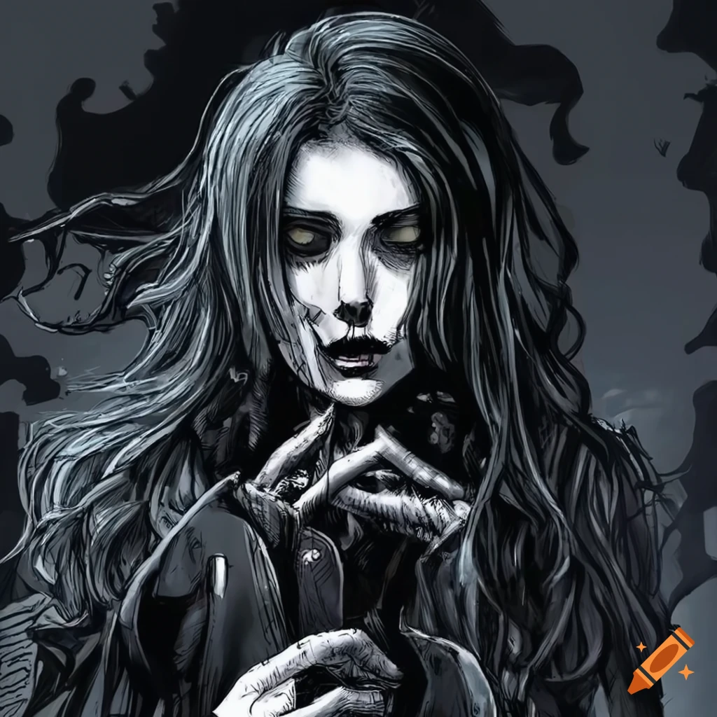 Gothic androgynous boy with long black hair in a comic book art on Craiyon