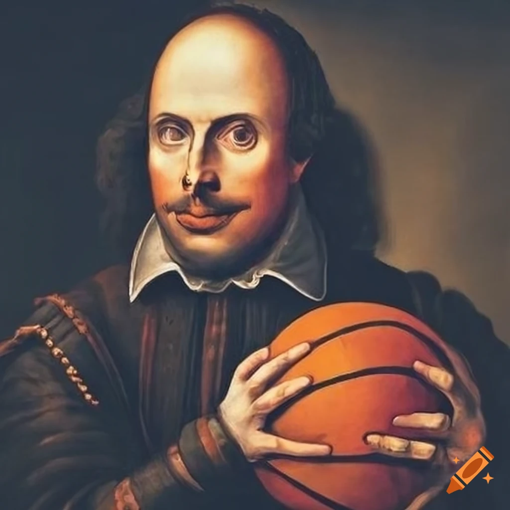 Shakespeare holding a basketball and looking at it in profile view on ...