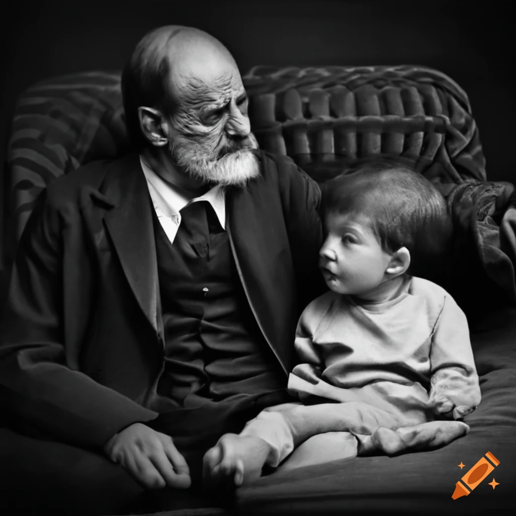 Freud sitting in a chair next to a reclined boy patient in black and ...