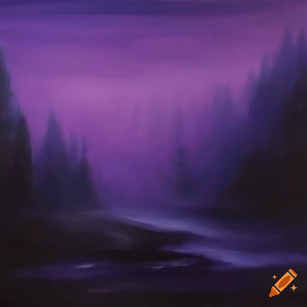 Misty purple wilderness at night in an oil painting on Craiyon