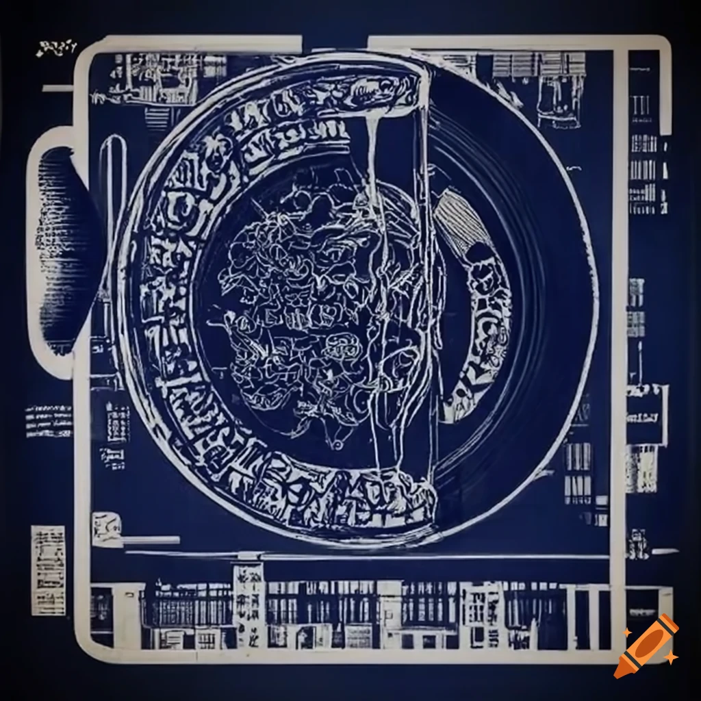Blueprint diagram of a bowl filled with ramen noodles on Craiyon