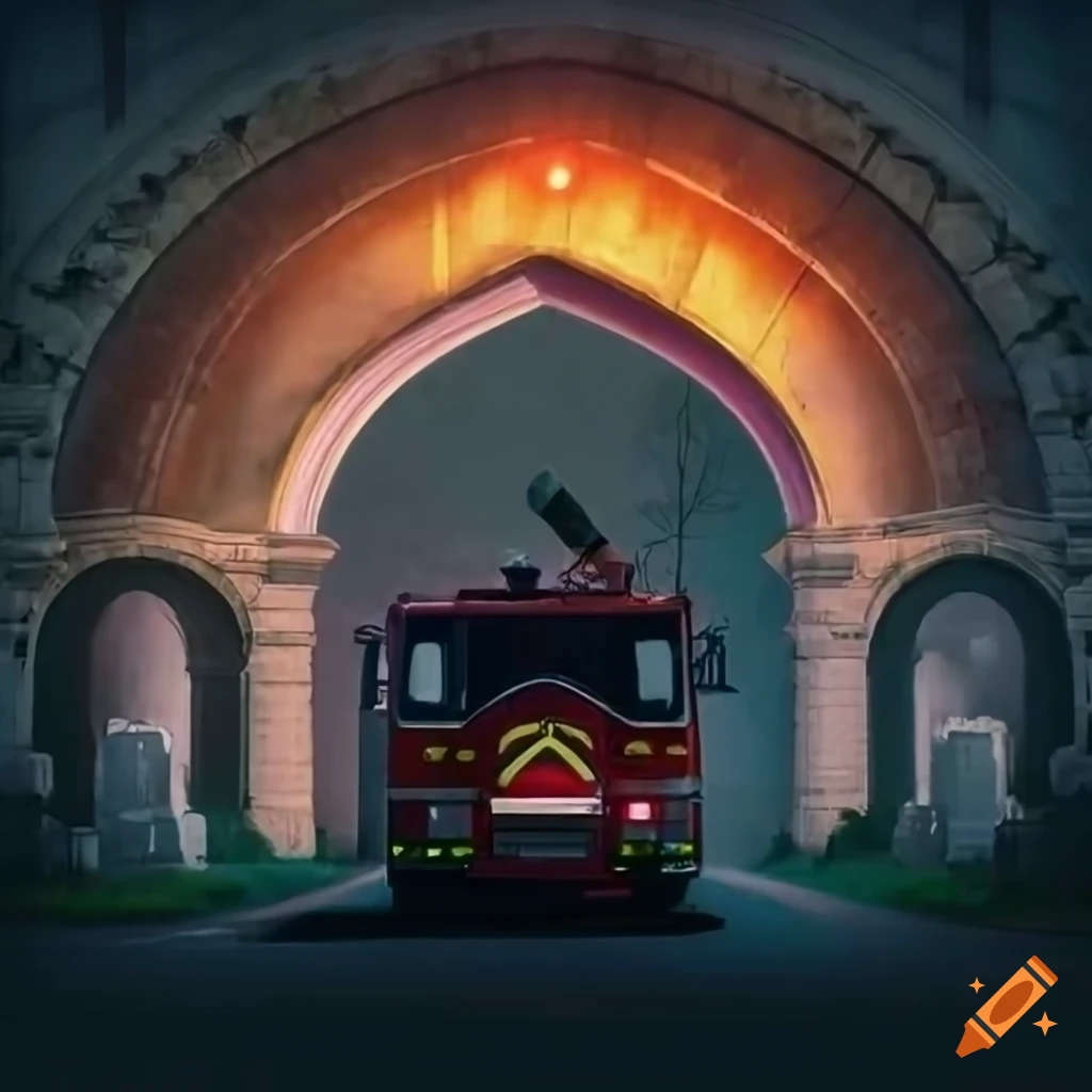 Fire engine driving through arched cemetery gate at night with spooky ...