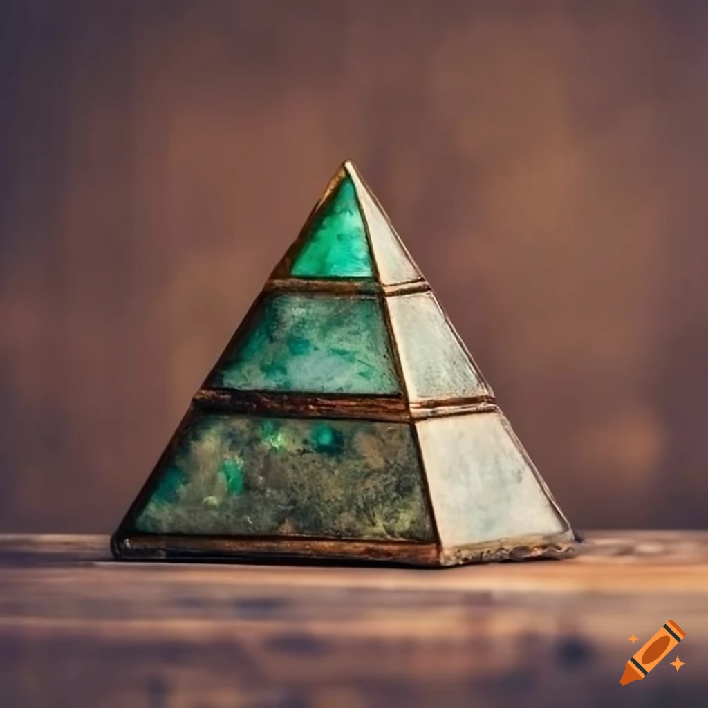 Bronze metallic pyramid with jade inserts on wooden desk on Craiyon