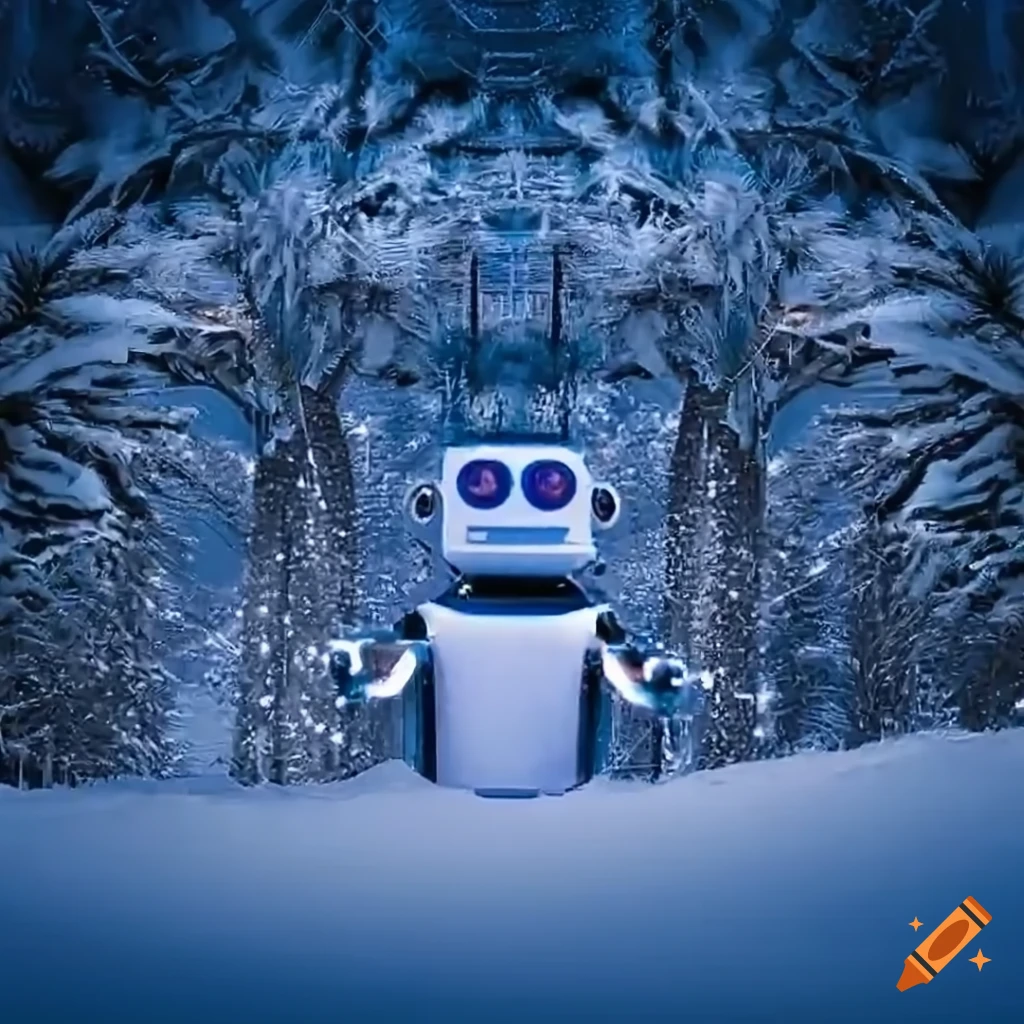 Smiling christmas robot in a winter scene on Craiyon