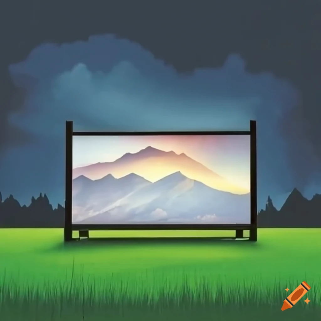 Large outdoor movie screen with grassy field and distant mountains on ...