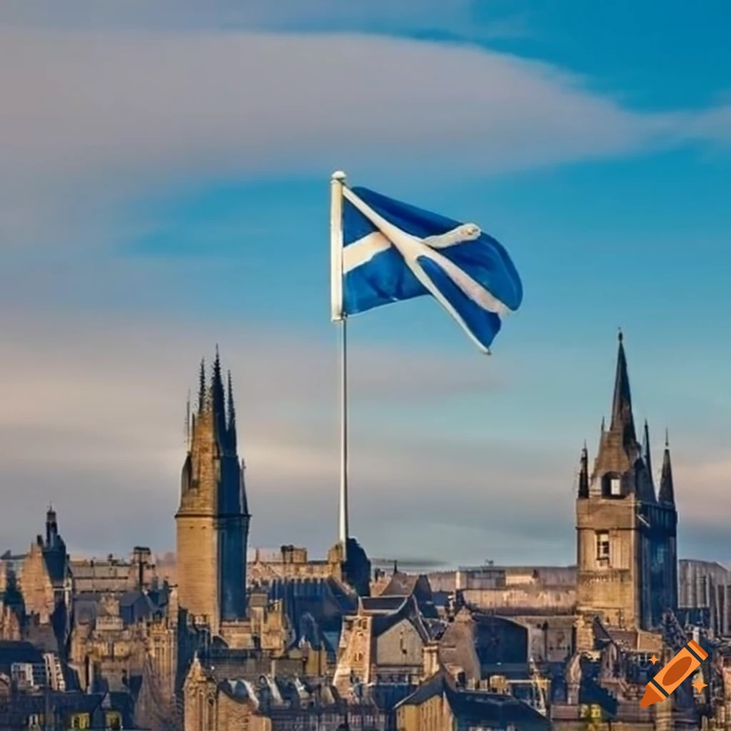 Aberdeen skyline with the scottish national flag under a clear blue sky ...