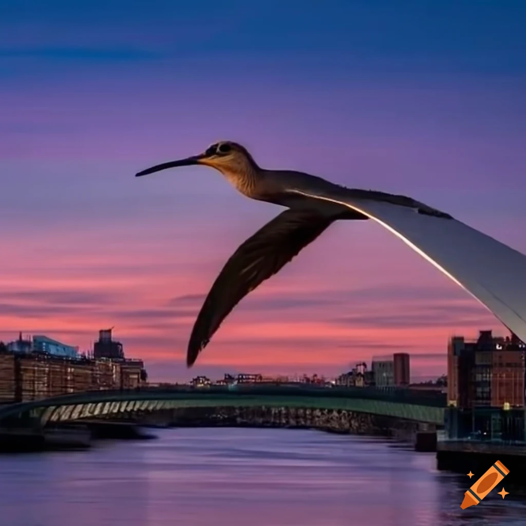 Cartoon curlew bird flying over gateshead millennium bridge during ...