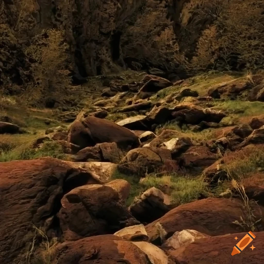 Detailed depiction of a dimly lit valley with bushes and boulders on ...