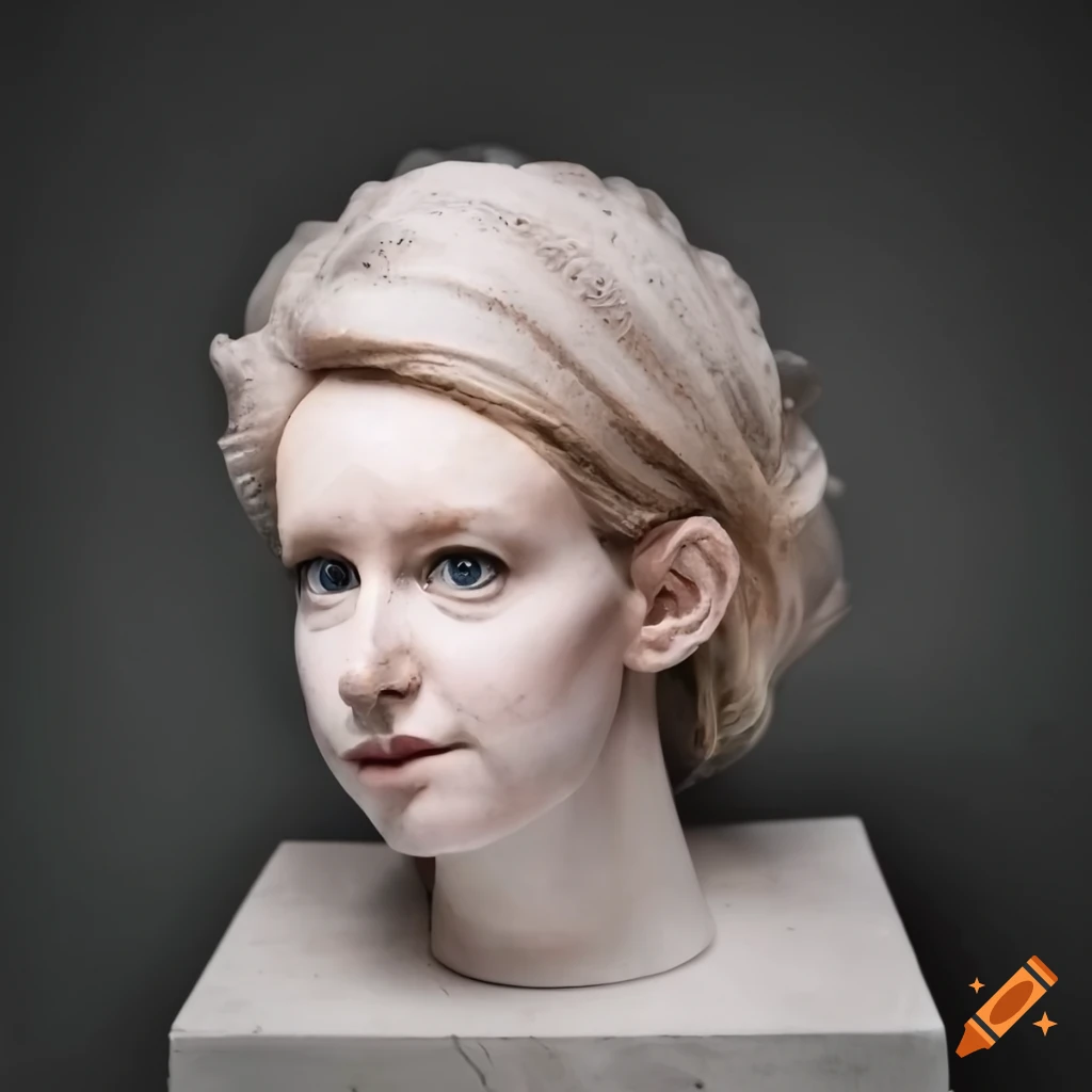 Sculpted bust of Elizabeth Holmes in white marble on Craiyon