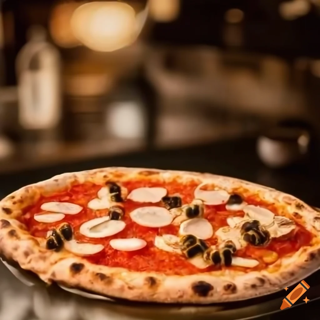 Large pizza with bee topping in an italian restaurant on Craiyon