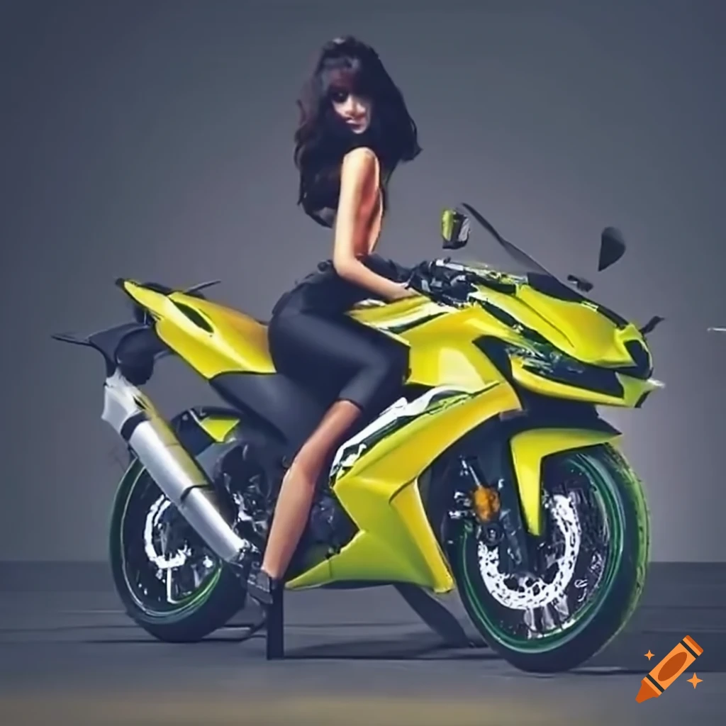 Jenny riding a new kawasaki motorcycle in yellow and black on Craiyon