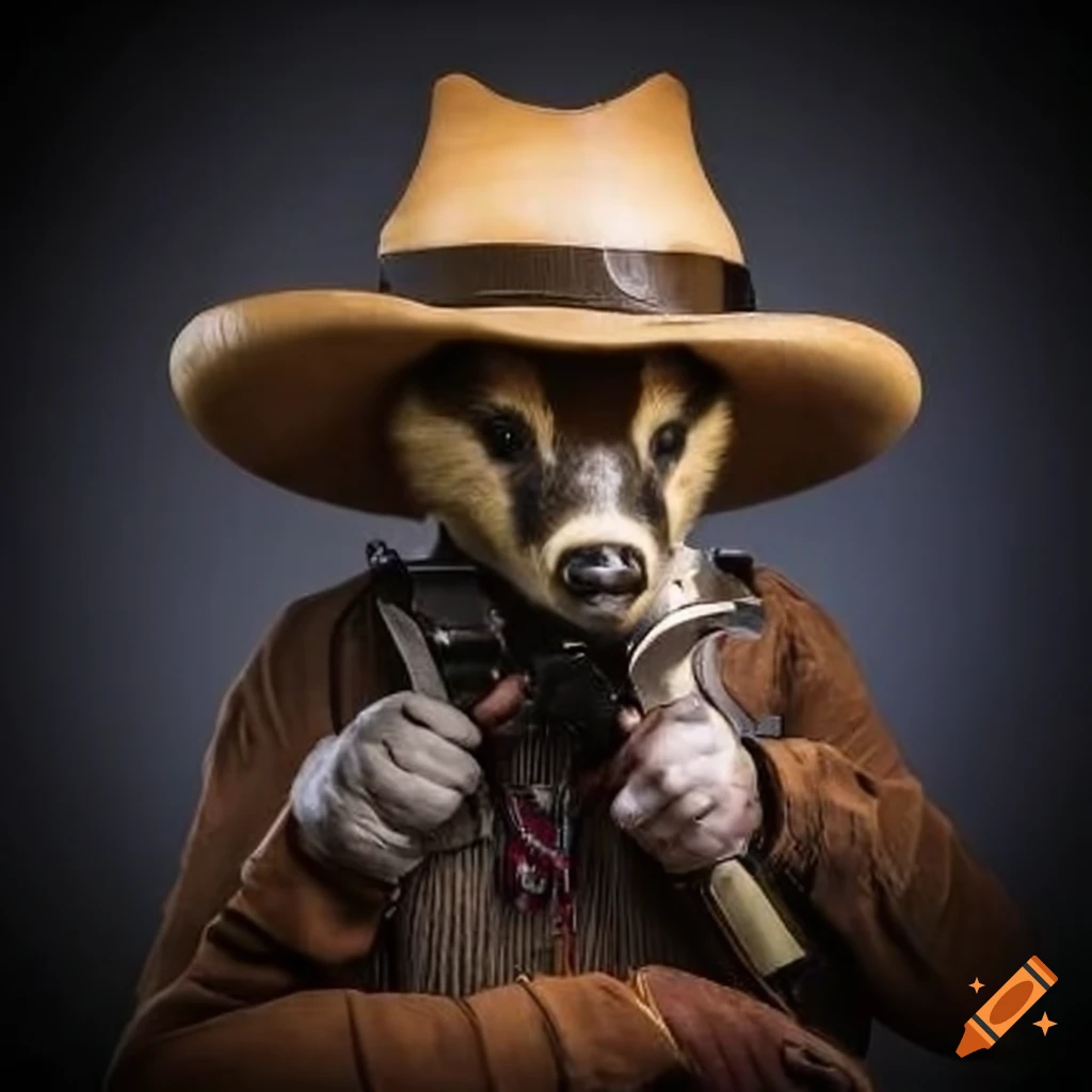 Sheriff badger holding a revolver on Craiyon