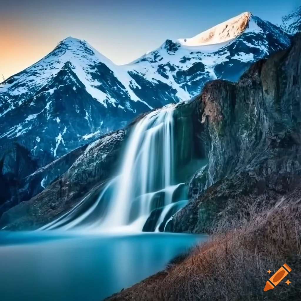 Mountain landscape with waterfall, snow, and green areas on Craiyon