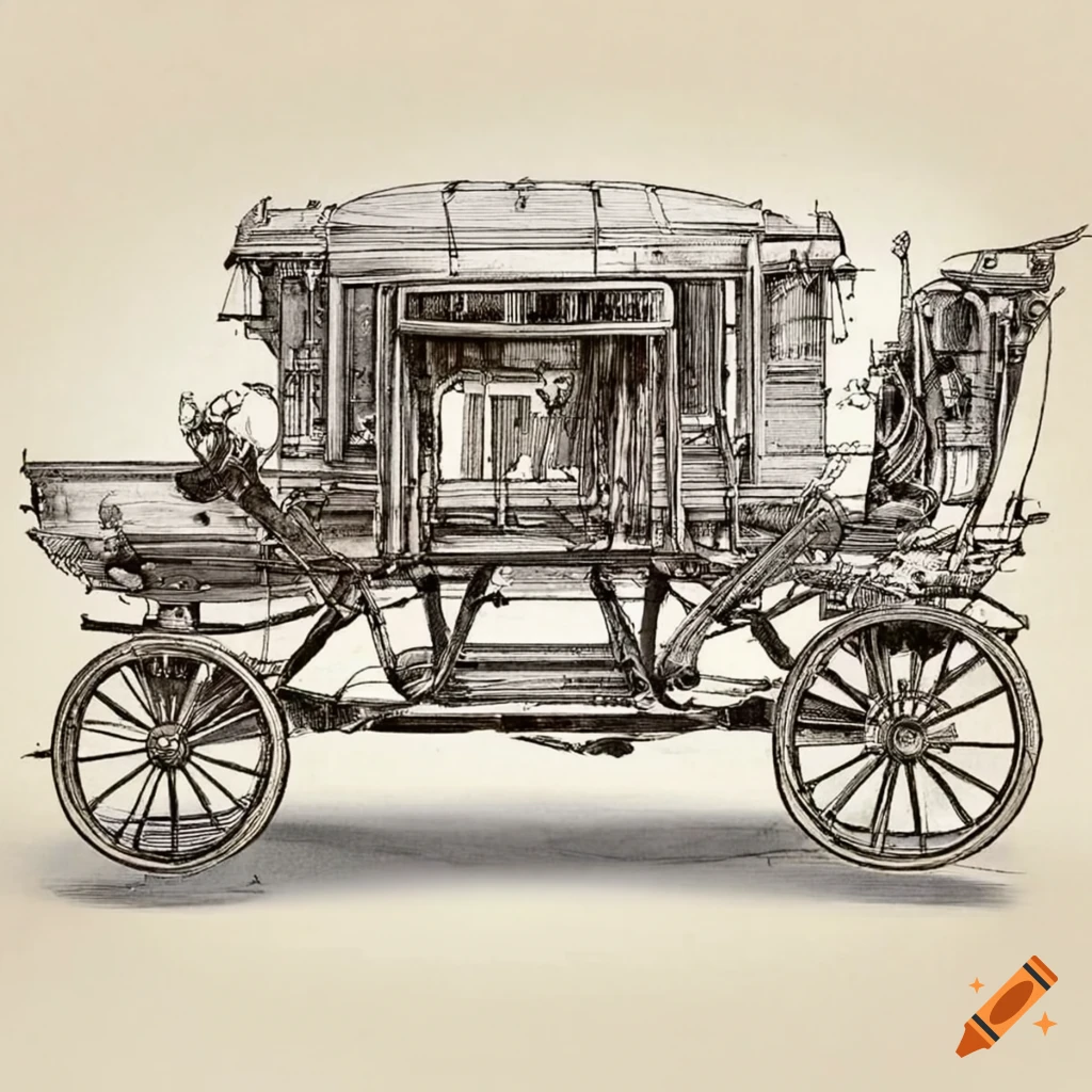 Technical drawing of a steampowered Porsche carriage in Renaissance ...