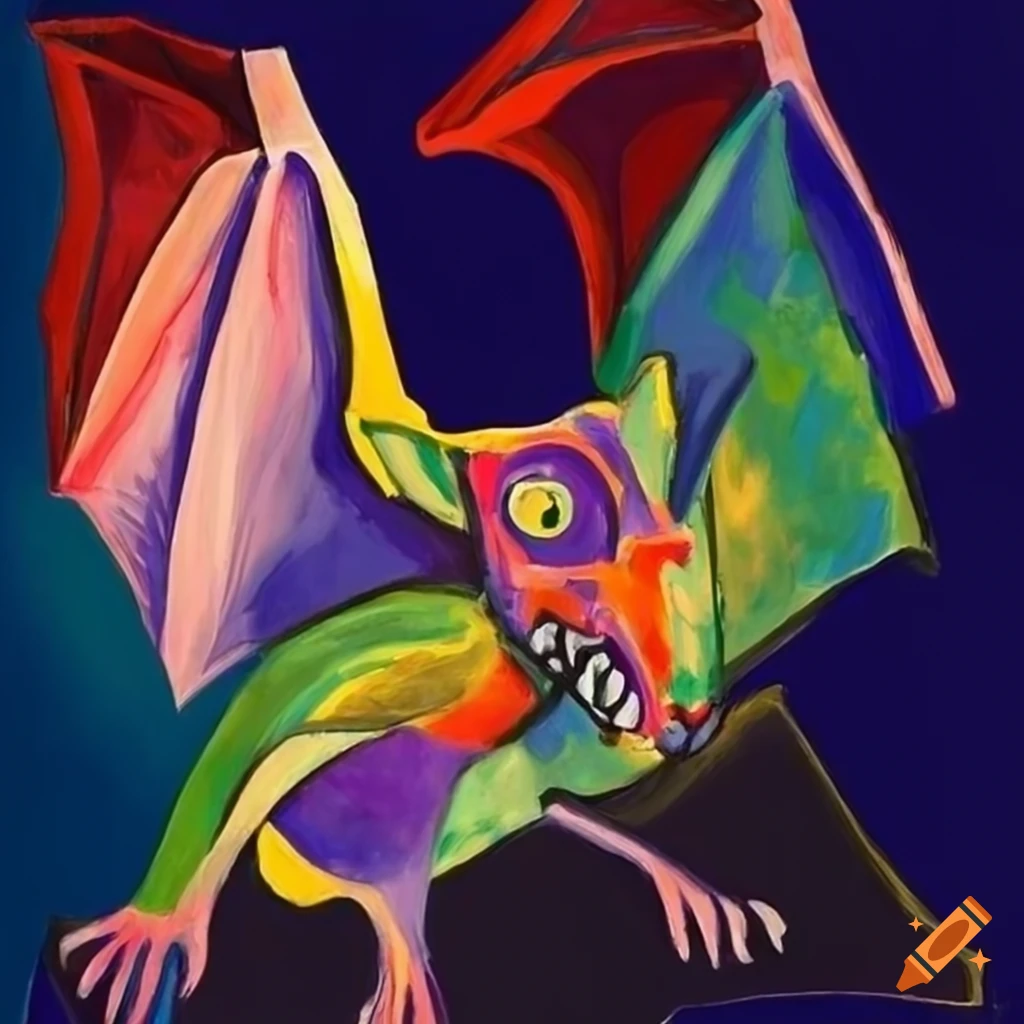 Colorful bat carrying a rat in the style of pablo picasso on Craiyon