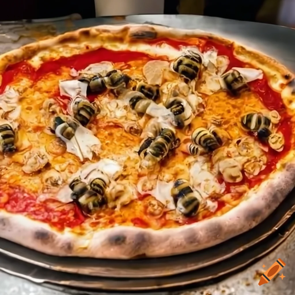 Large pizza with bee topping in an italian restaurant on Craiyon